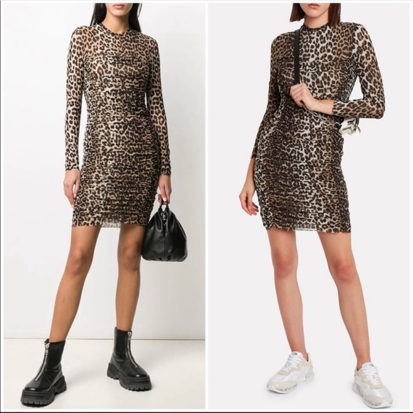 Ganni | Dresses | Nwt Ganni Leopard Print Mesh Long Sleeve Dress Brand ...